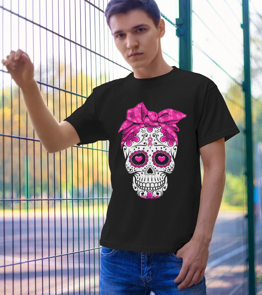 Sugar Skull With Pink Bow And Breast Cancer T-Shirt