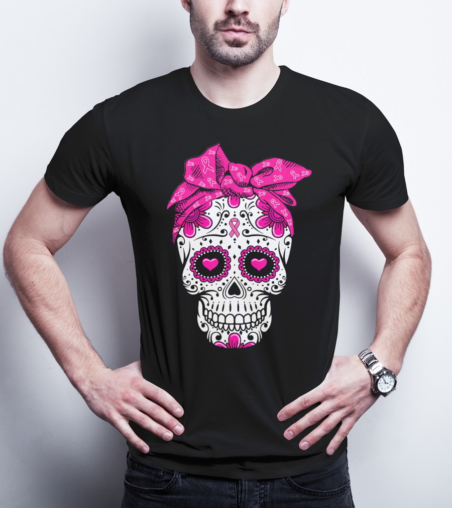 Sugar Skull With Pink Bow And Breast Cancer T-Shirt