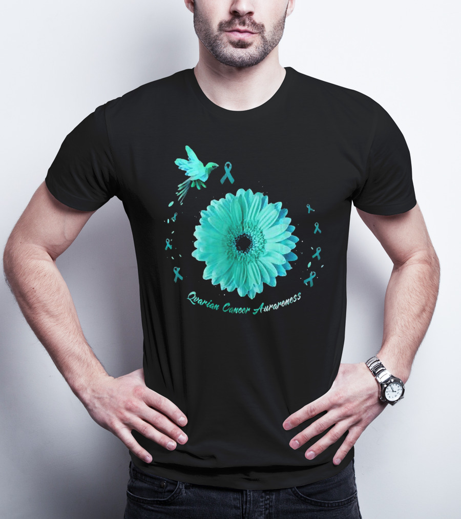 Teal Daisy Bird Ribbon Ovarian Cancer Awareness T-Shirt