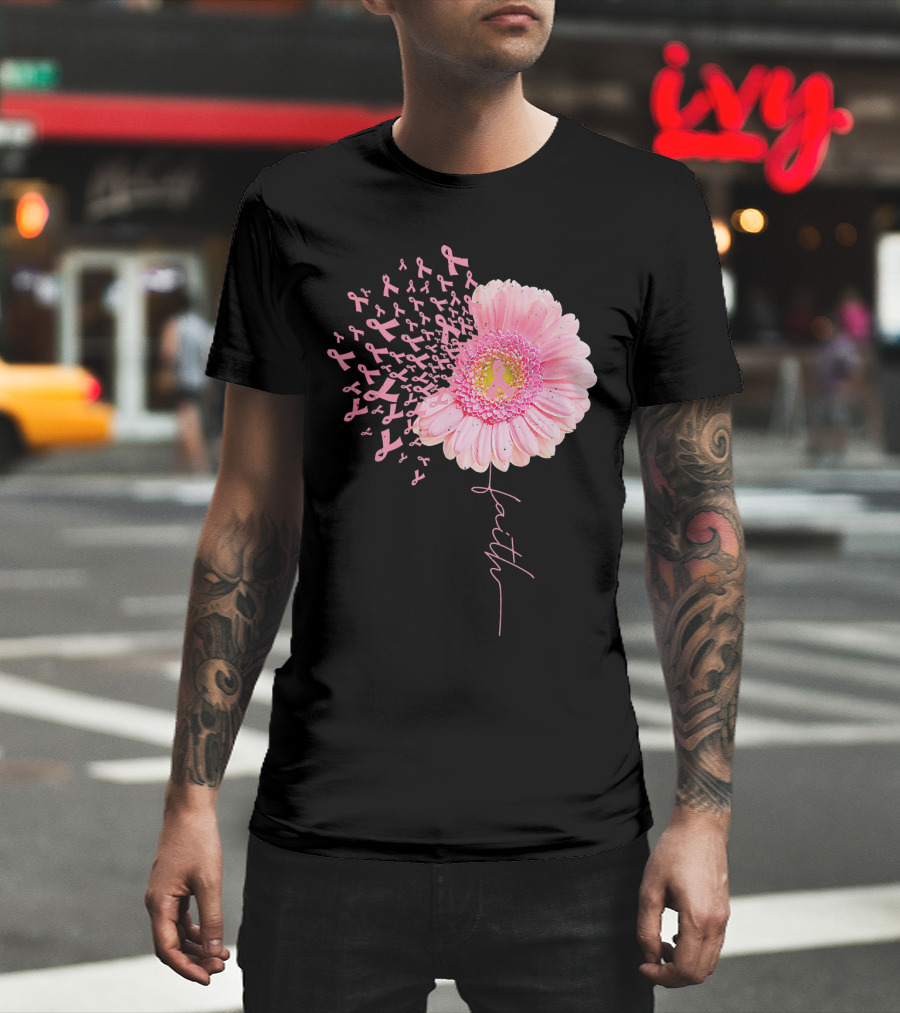 Faith Pink Ribbon Daisy Flower Breast Cancer Awareness T-Shirt