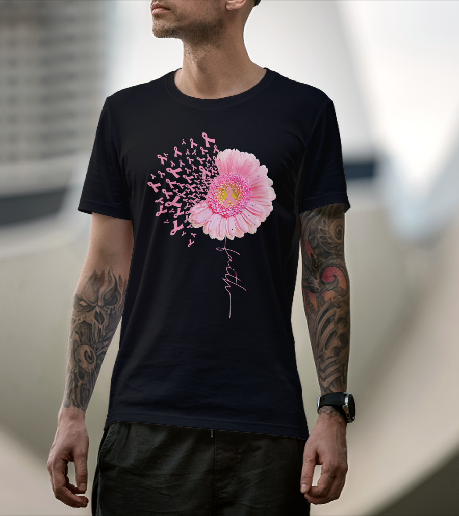 Faith Pink Ribbon Daisy Flower Breast Cancer Awareness T-Shirt
