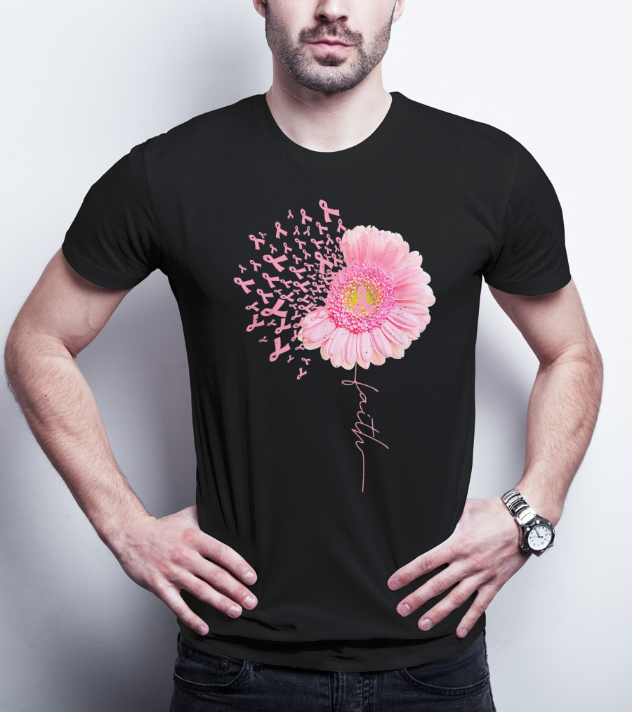 Faith Pink Ribbon Daisy Flower Breast Cancer Awareness T-Shirt