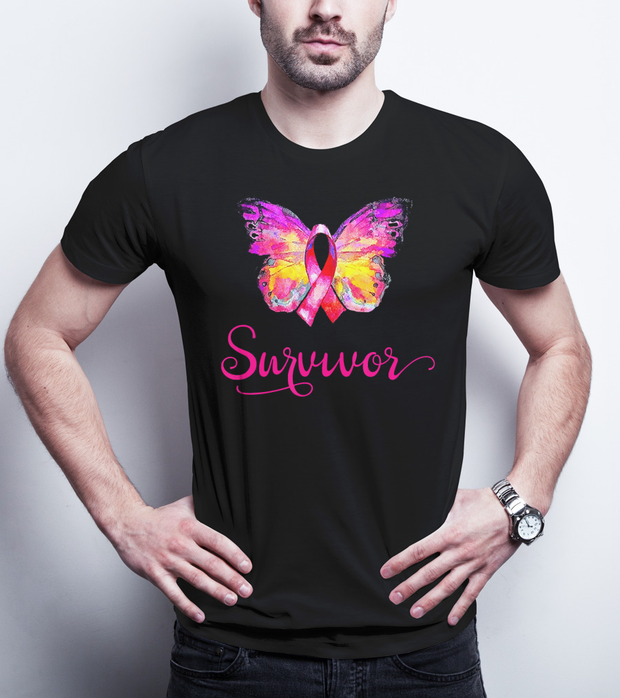 Survivor Butterfly Pink Ribbon Breast Cancer Awareness T-Shirt