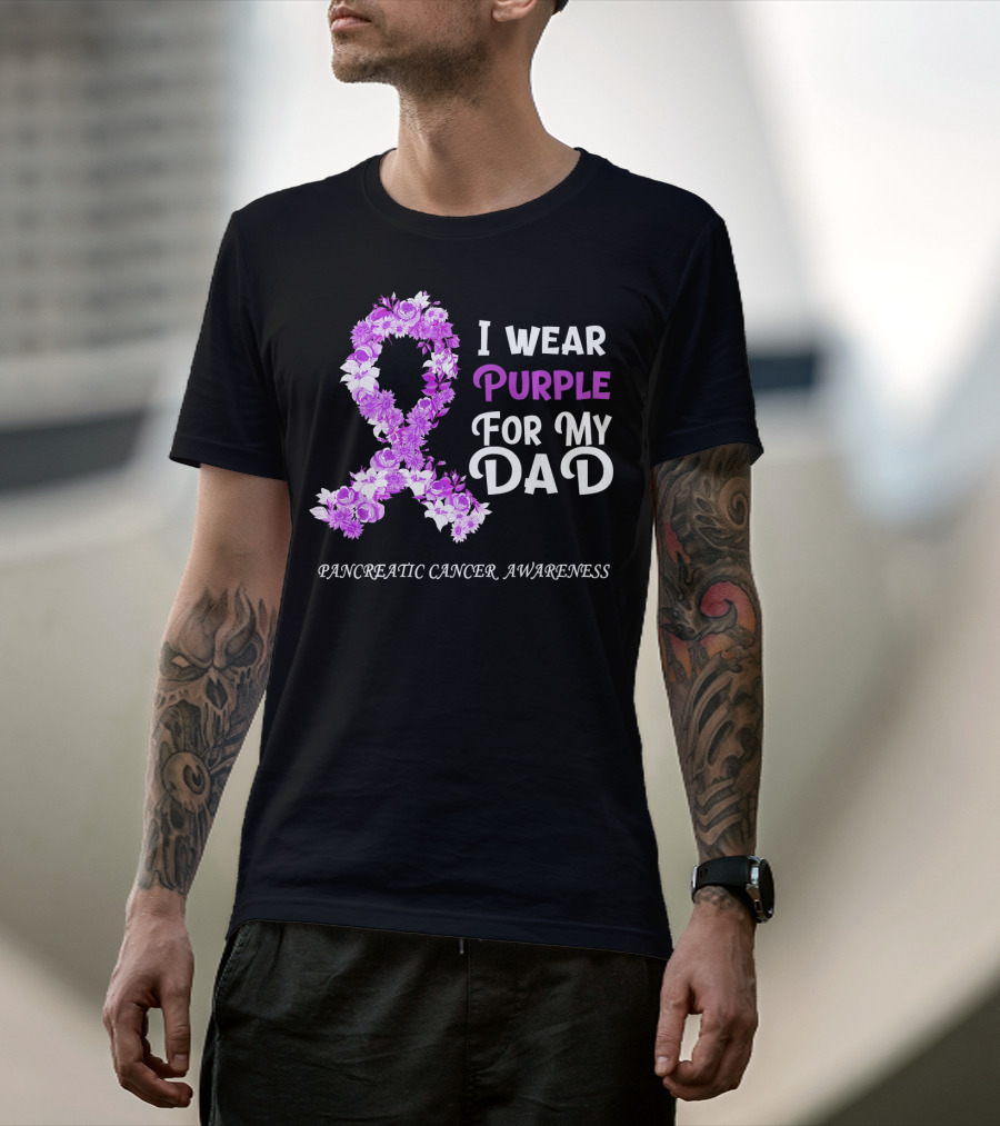 I Wear Purple For My Dad Pancreatic Cancer Awareness Flower T-Shirt