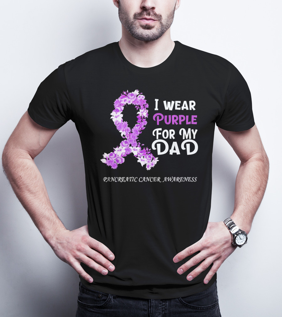 I Wear Purple For My Dad Pancreatic Cancer Awareness Flower T-Shirt