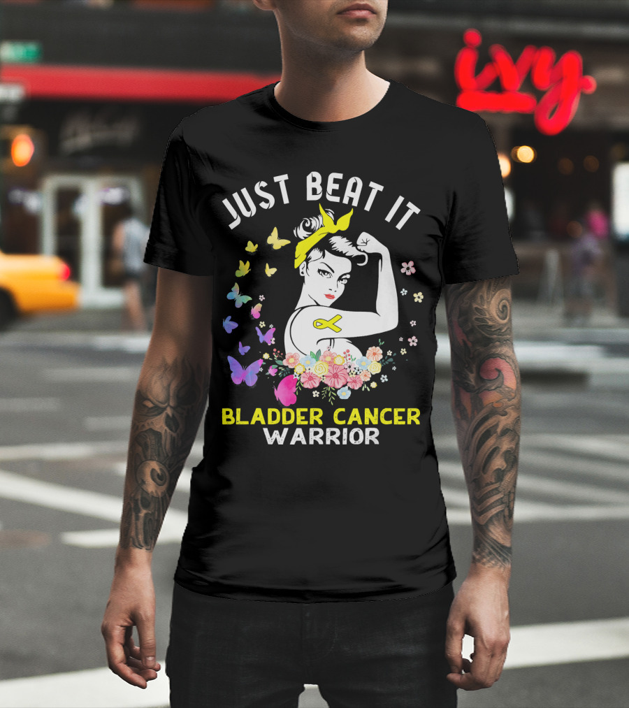 Just Beat It Bladder Cancer Warrior Butterfly Ribbon Floral Fighter T-Shirt