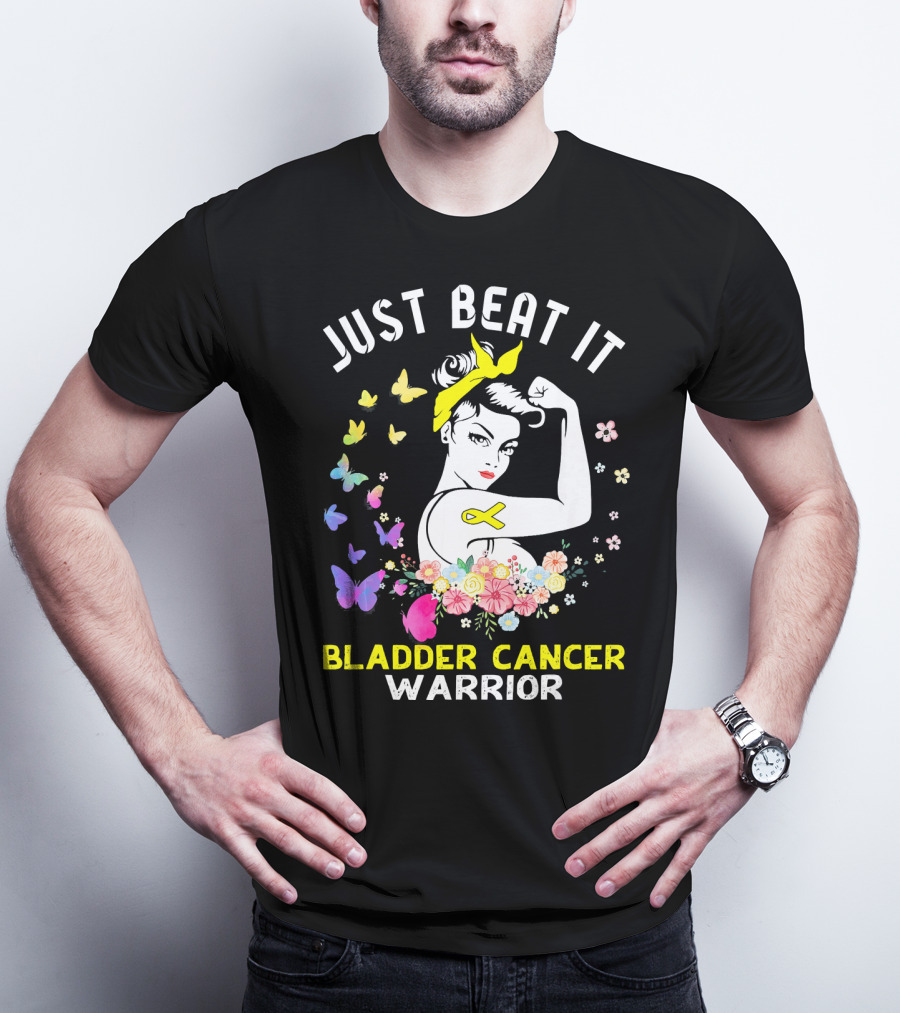 Just Beat It Bladder Cancer Warrior Butterfly Ribbon Floral Fighter T-Shirt