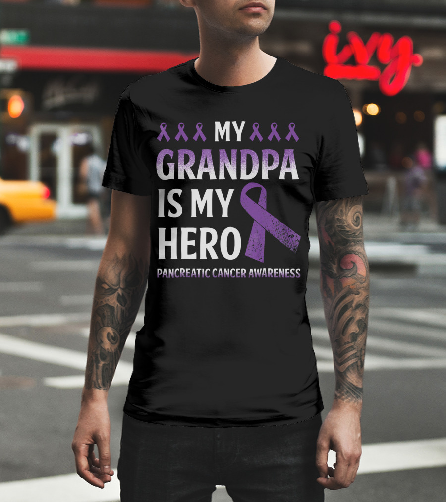 My Grandpa Is My Hero Pancreatic Cancer Awareness Purple Ribbons T-Shirt