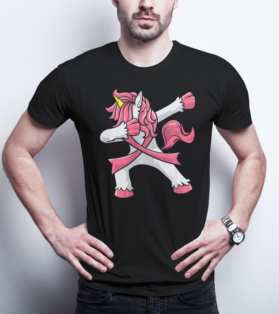 Pink Ribbon Dabbing Unicorn Breast Cancer Awareness T-Shirt