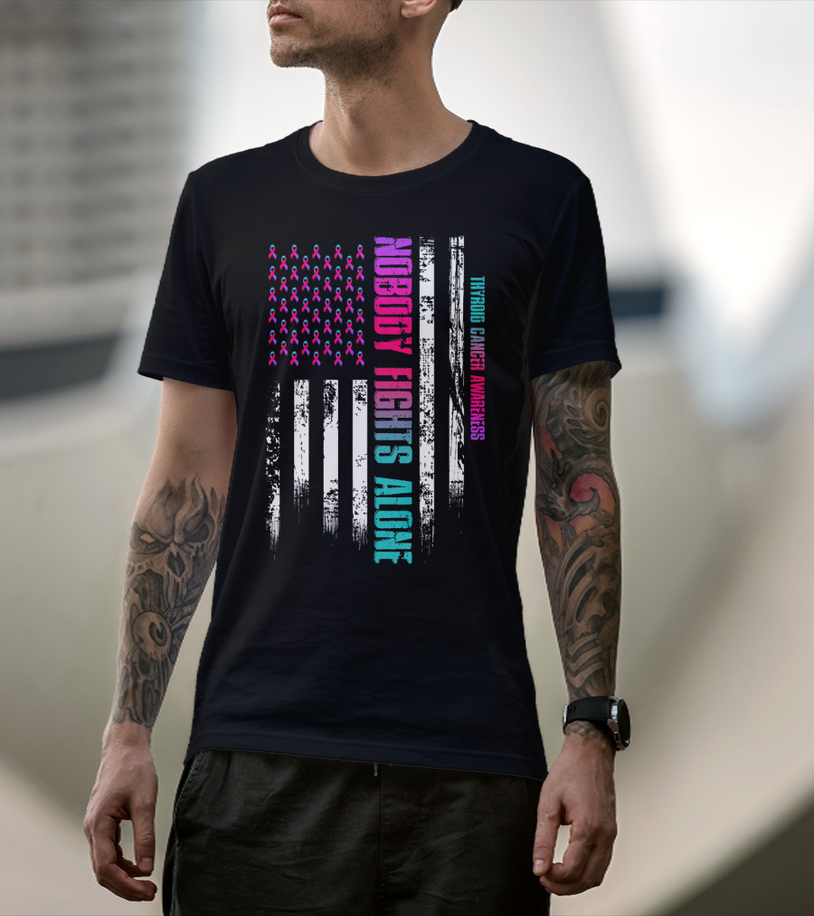 Nobody Fights Alone USA Flag Thyroid Cancer Awareness T-Shirt