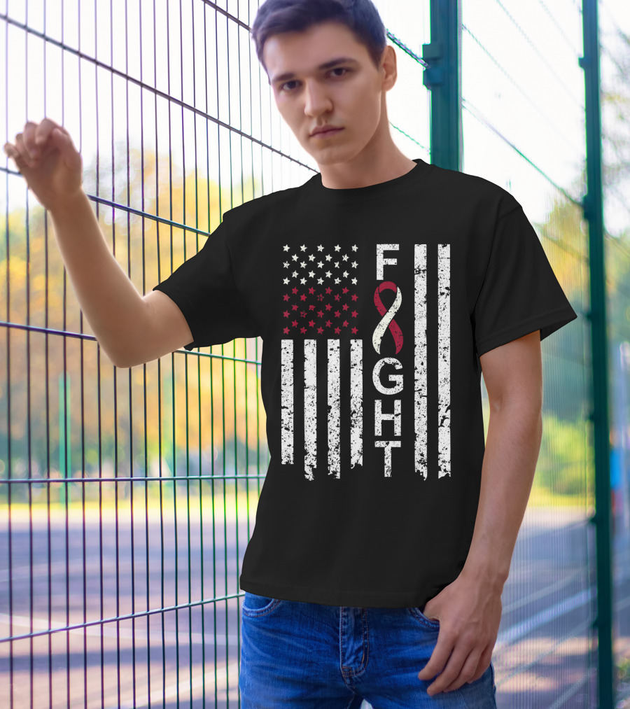 Head And Neck Cancer Awareness Fight Ribbon American Flag T-Shirt