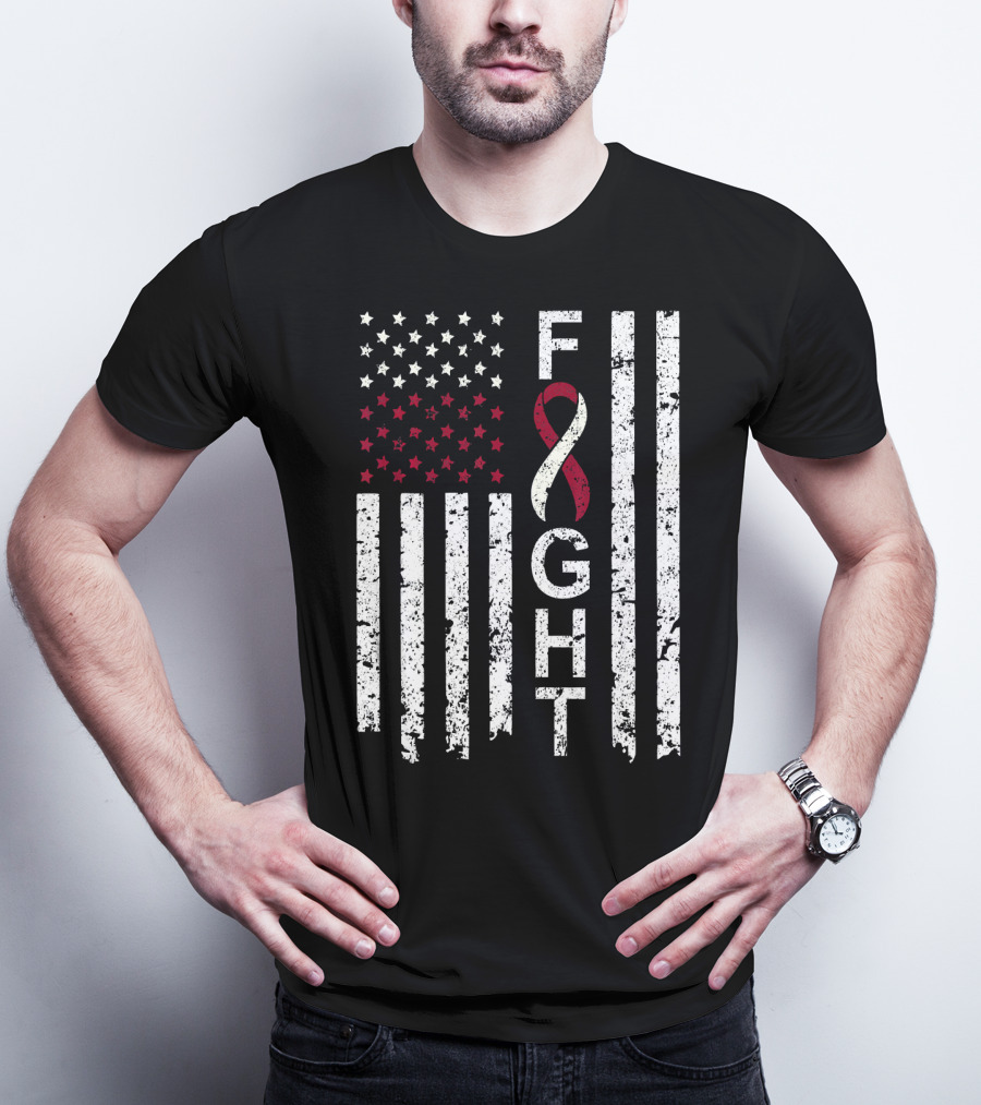 Head And Neck Cancer Awareness Fight Ribbon American Flag T-Shirt