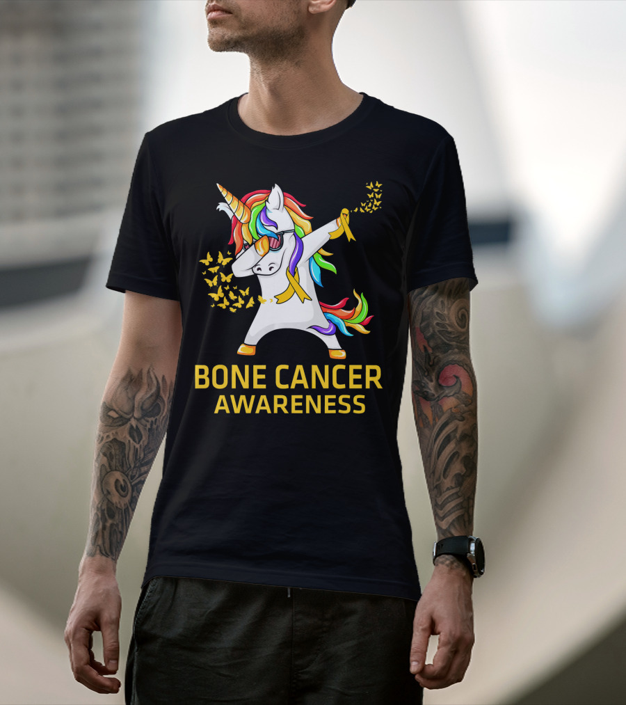 Bone Cancer Awareness Unicorn Dab With Yellow Ribbon Butterflies T-Shirt