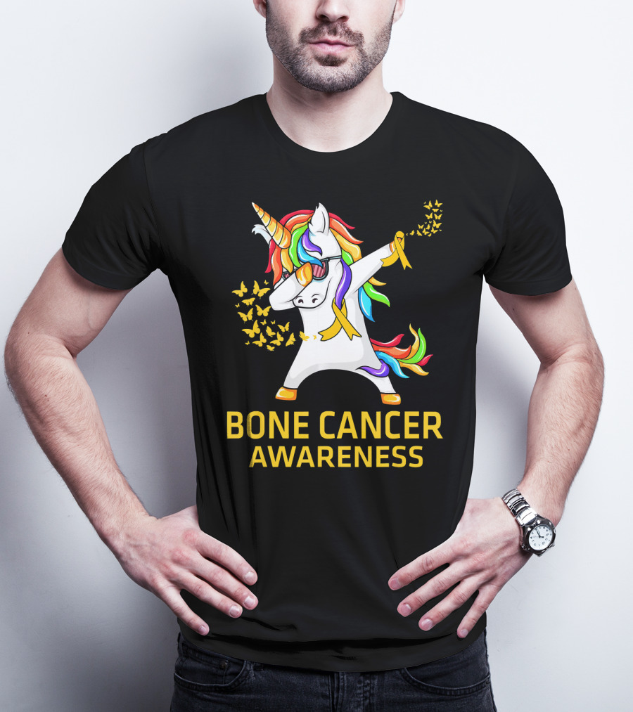 Bone Cancer Awareness Unicorn Dab With Yellow Ribbon Butterflies T-Shirt