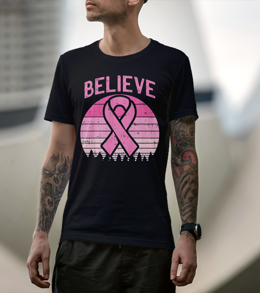 Believe Retro Sunset Pink Ribbon Breast Cancer Awareness T-Shirt