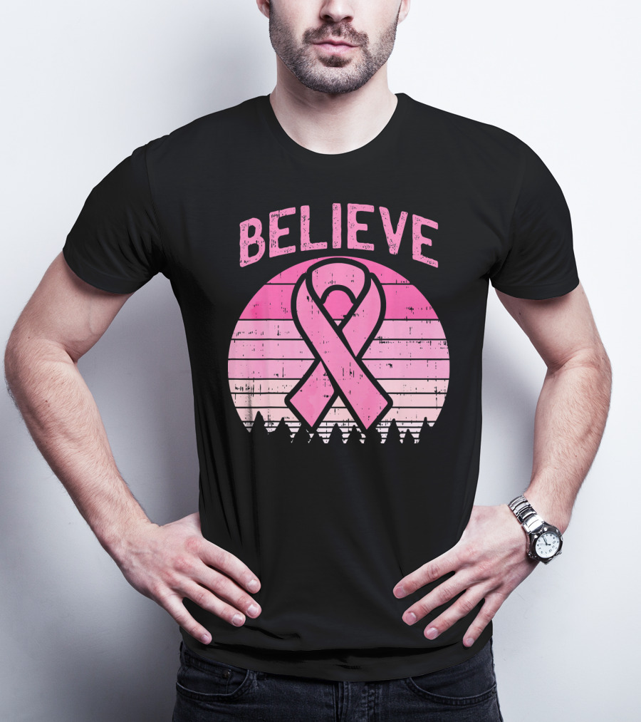 Believe Retro Sunset Pink Ribbon Breast Cancer Awareness T-Shirt