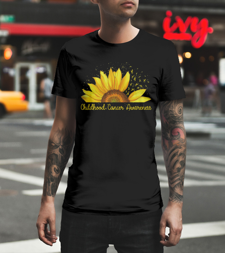 Hippie Sunflower Childhood Cancer Awareness Yellow T-Shirt