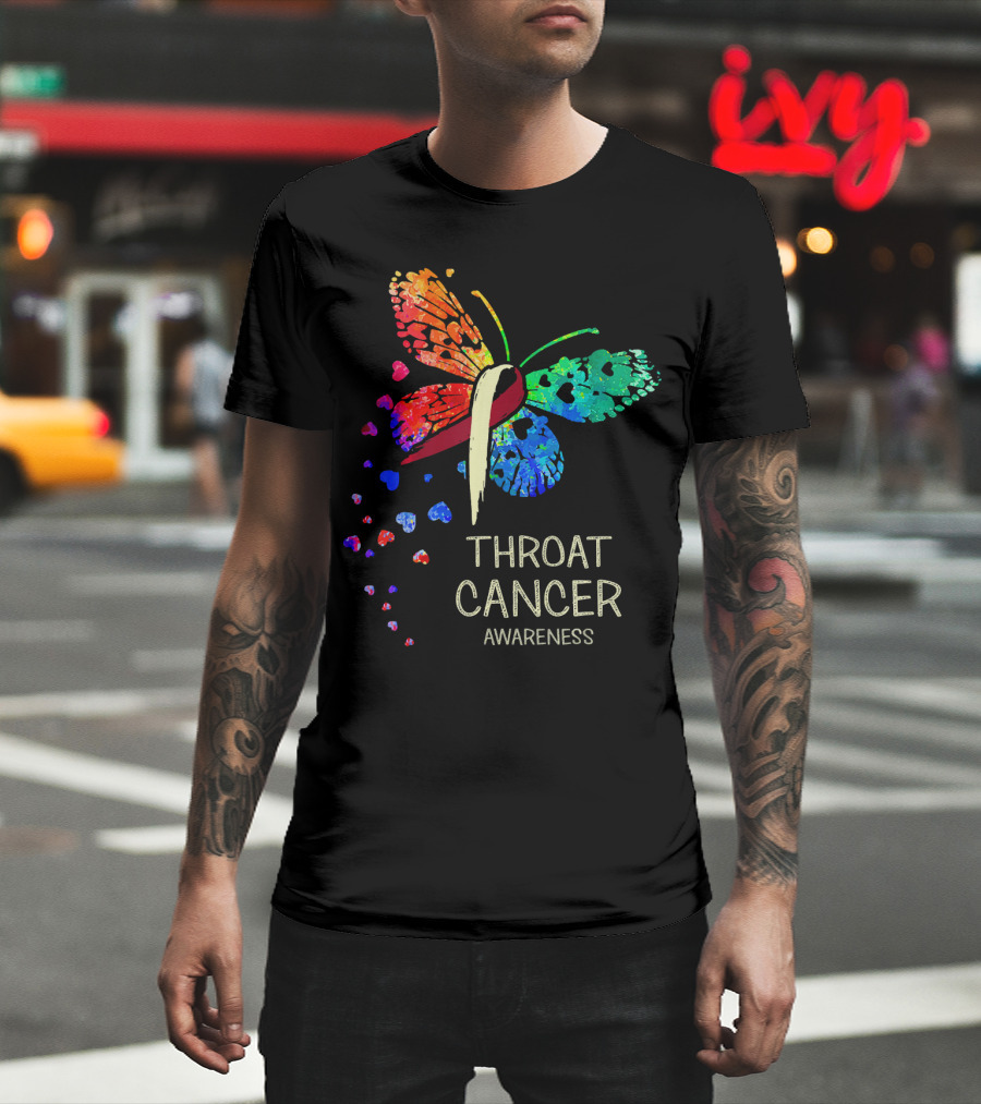 Throat Cancer Awareness Ribbon Butterfly Colorful T-Shirt