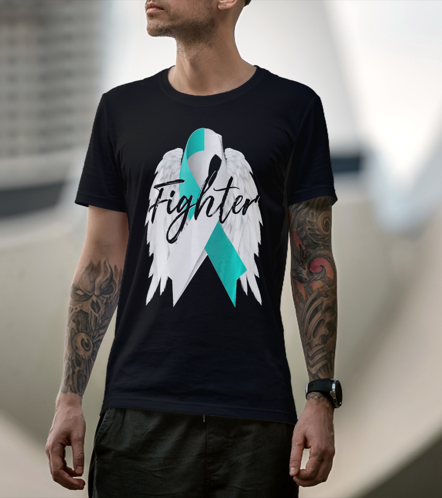 Cervical Cancer Fighter Teal Ribbon With Angel Wings T-Shirt