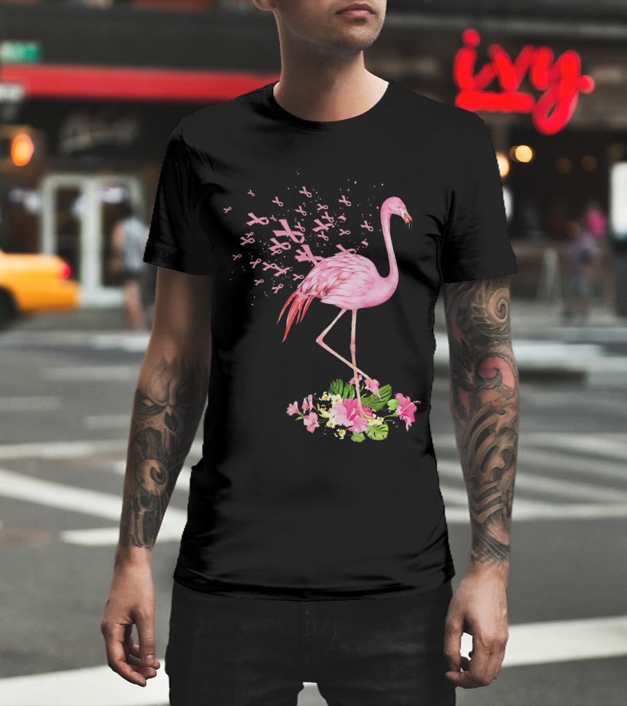 Flamingo With Pink Breast Cancer Ribbons And Floral Accents T-Shirt