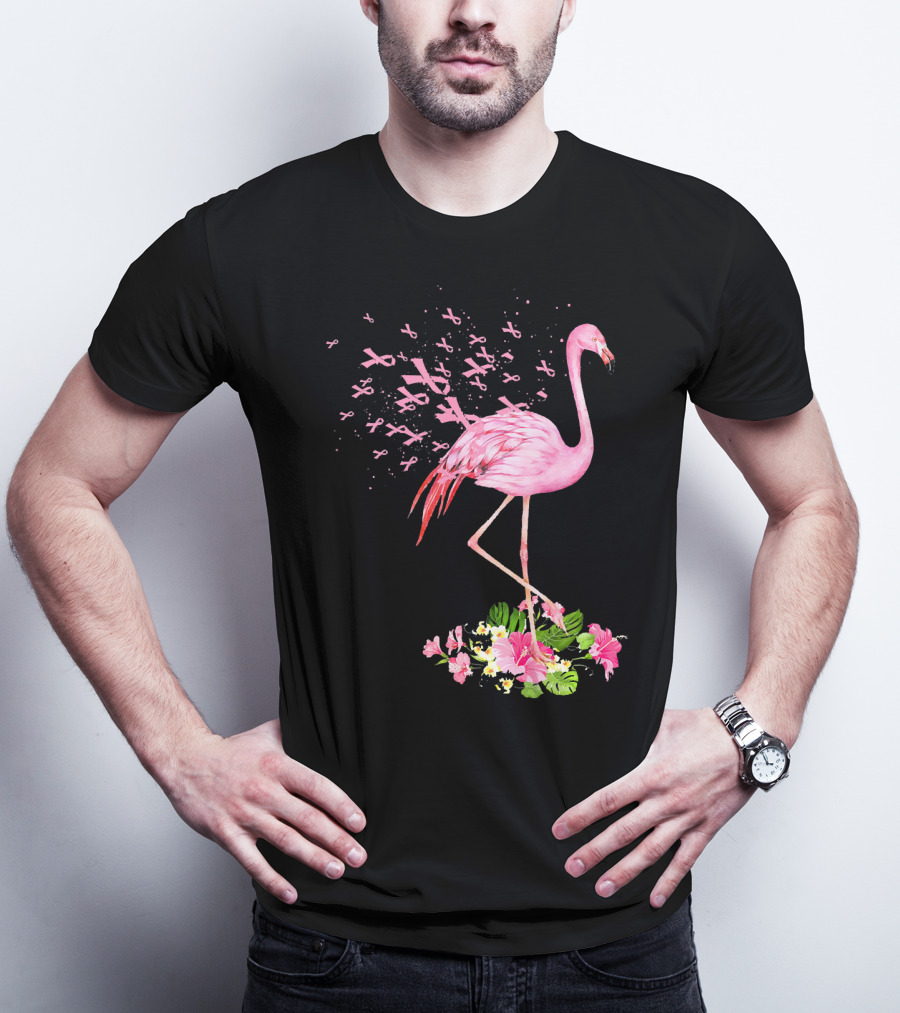 Flamingo With Pink Breast Cancer Ribbons And Floral Accents T-Shirt