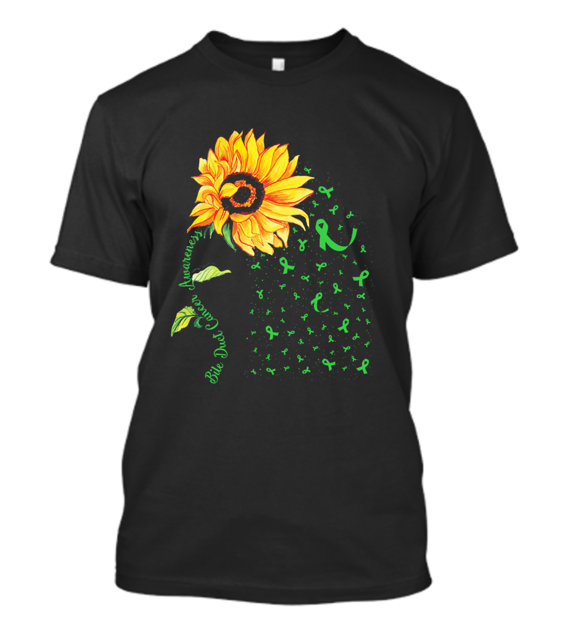 Sunflower Bile Duct Cancer Awareness Ribbon Green T-Shirt