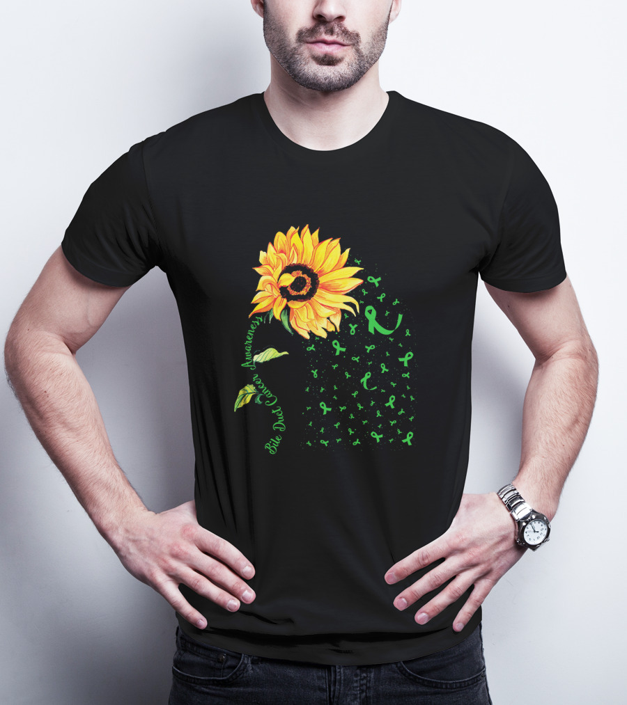 Sunflower Bile Duct Cancer Awareness Ribbon Green T-Shirt