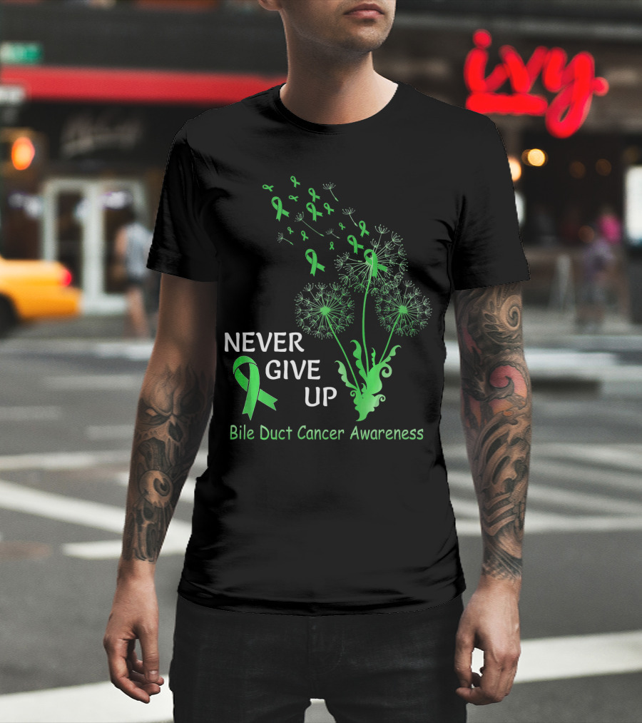 Never Give Up Bile Duct Cancer Awareness Dandelion Green Ribbons T-Shirt