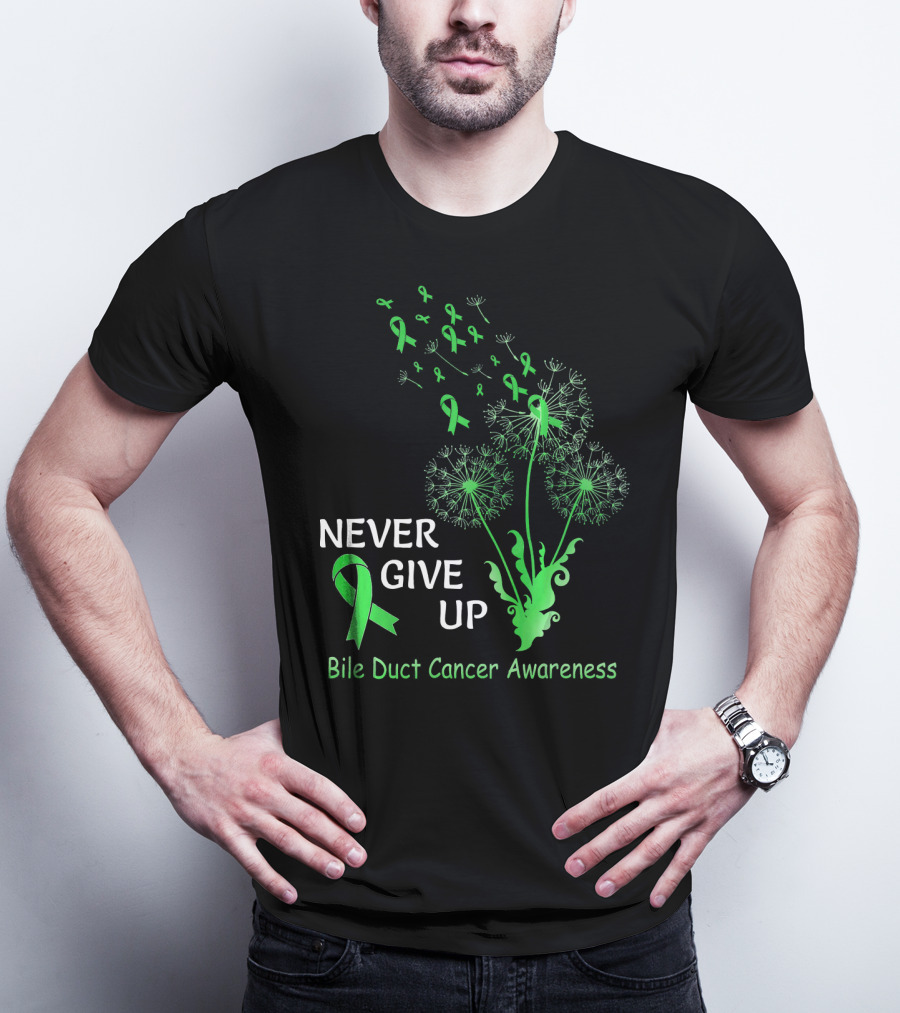 Never Give Up Bile Duct Cancer Awareness Dandelion Green Ribbons T-Shirt