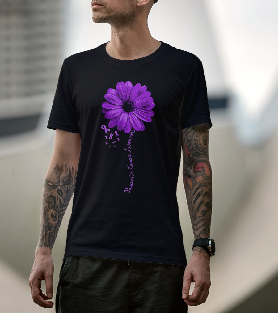 Pancreatic Cancer Awareness Purple Ribbon Purple Flower T-Shirt