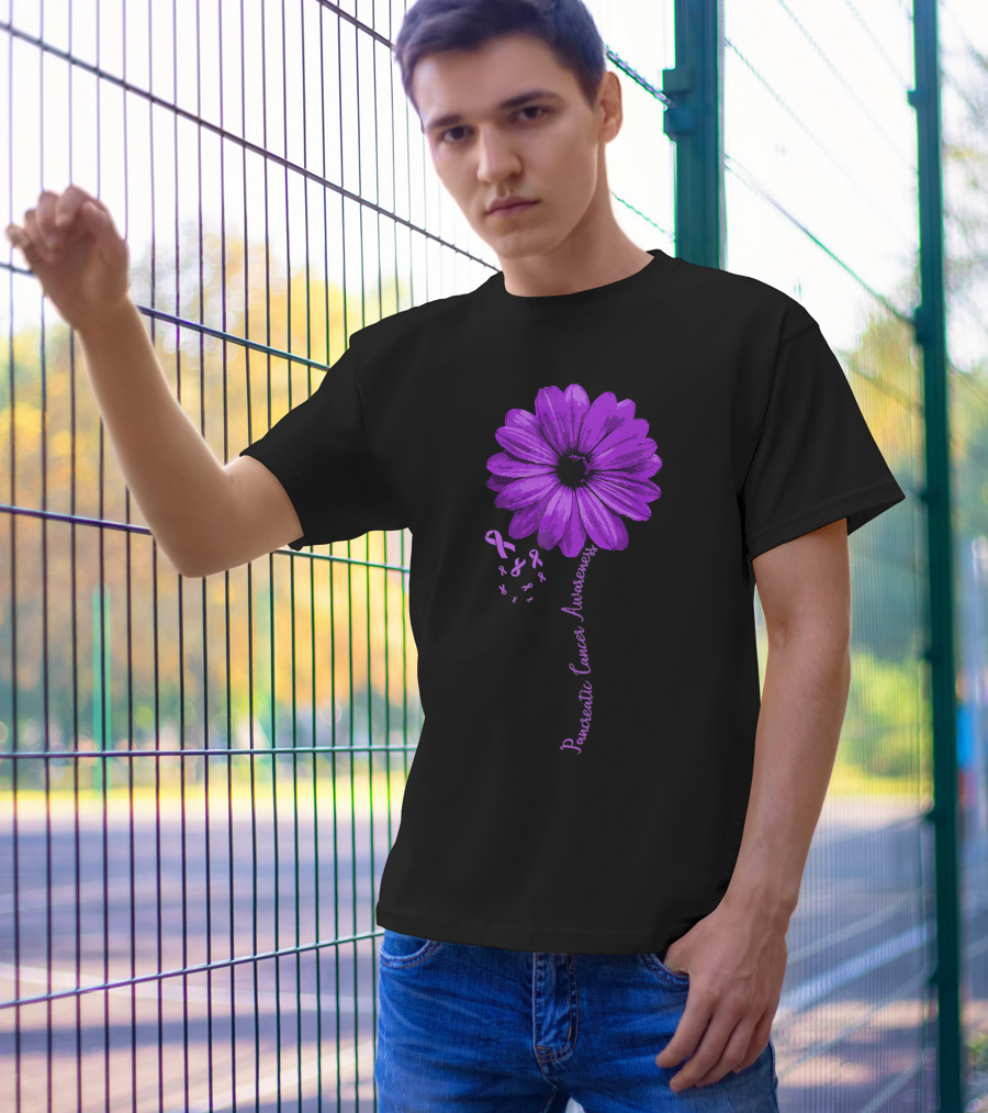 Pancreatic Cancer Awareness Purple Ribbon Purple Flower T-Shirt