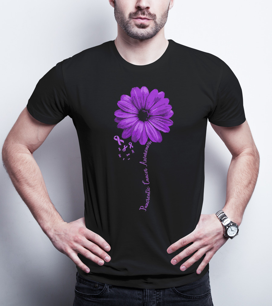 Pancreatic Cancer Awareness Purple Ribbon Purple Flower T-Shirt