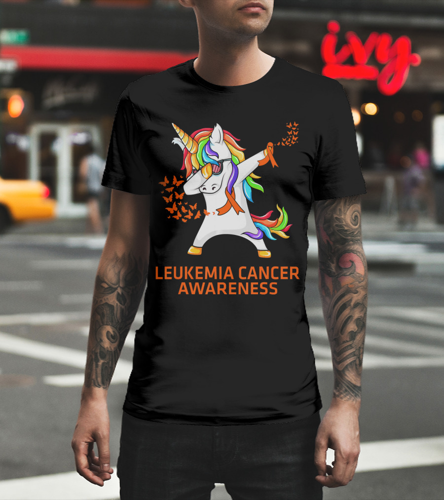 Leukemia Cancer Awareness Unicorn Dabbing With Rainbow Mane And Orange T-Shirt