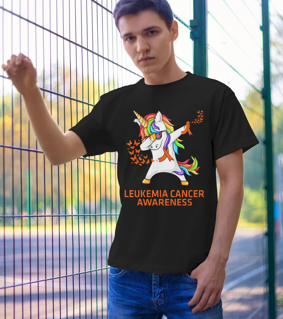Leukemia Cancer Awareness Unicorn Dabbing With Rainbow Mane And Orange T-Shirt