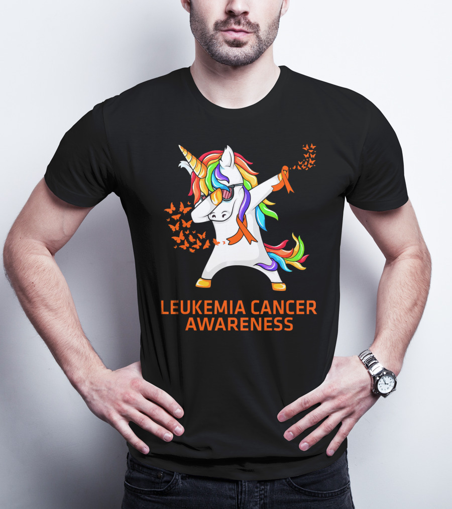 Leukemia Cancer Awareness Unicorn Dabbing With Rainbow Mane And Orange T-Shirt