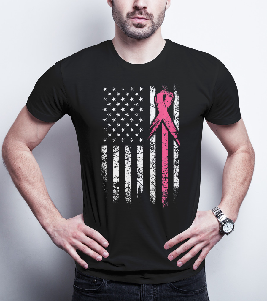 Breast Cancer Awareness American Flag Grunge T-Shirt