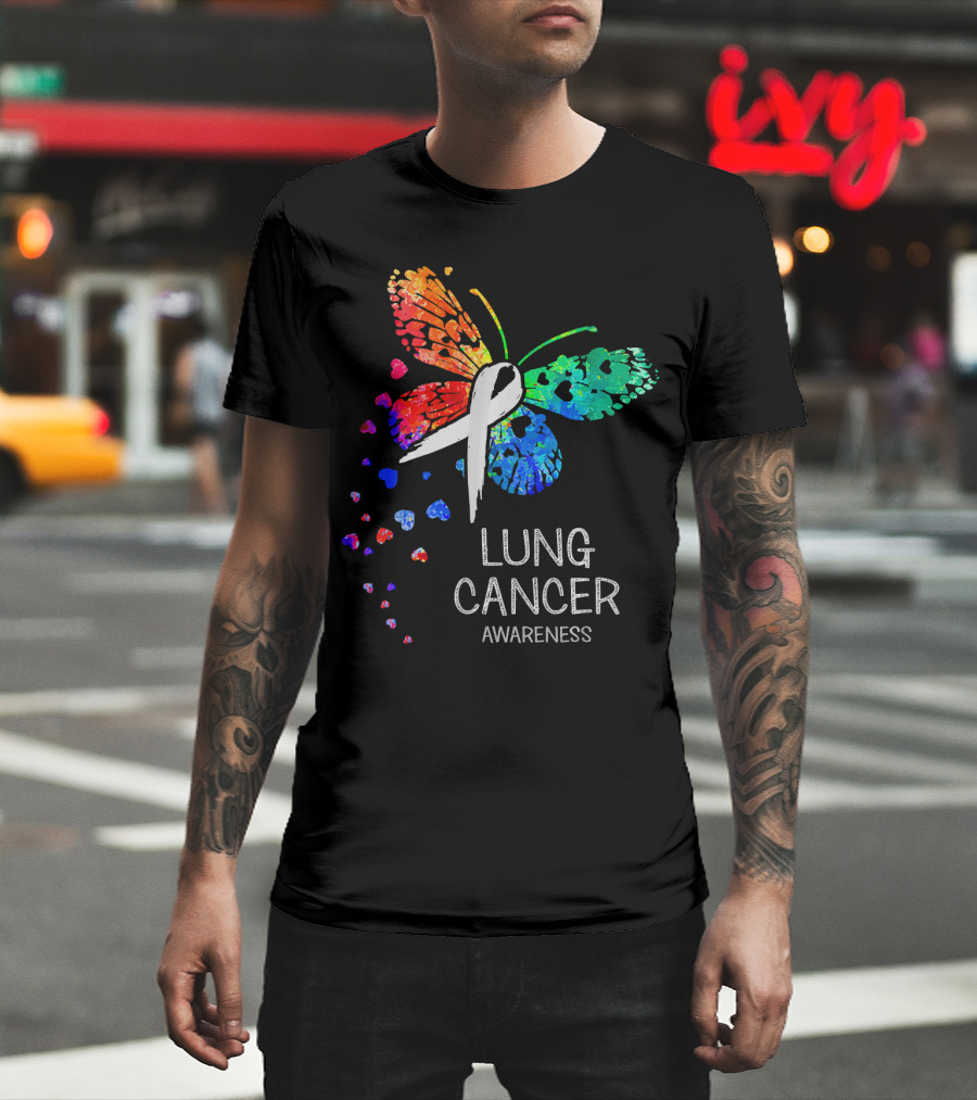 Lung Cancer Awareness Rainbow Butterfly T-Shirt