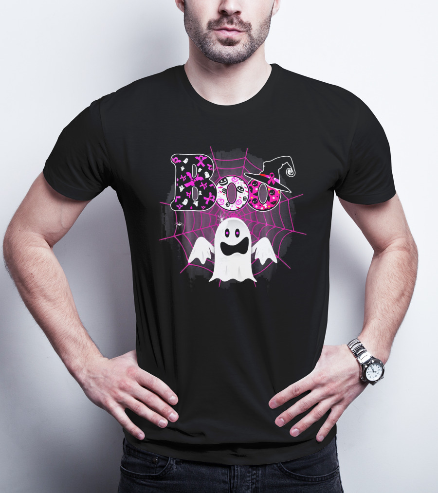 Boo Breast Cancer Awareness Ghost With Witch Hat And Pink Ribbon Web T-Shirt
