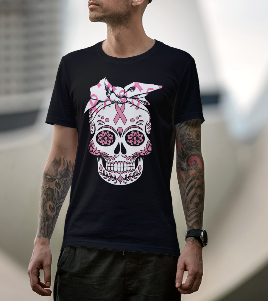 Day Of The Dead Skull With Pink Ribbon For Breast Cancer Awareness T-Shirt