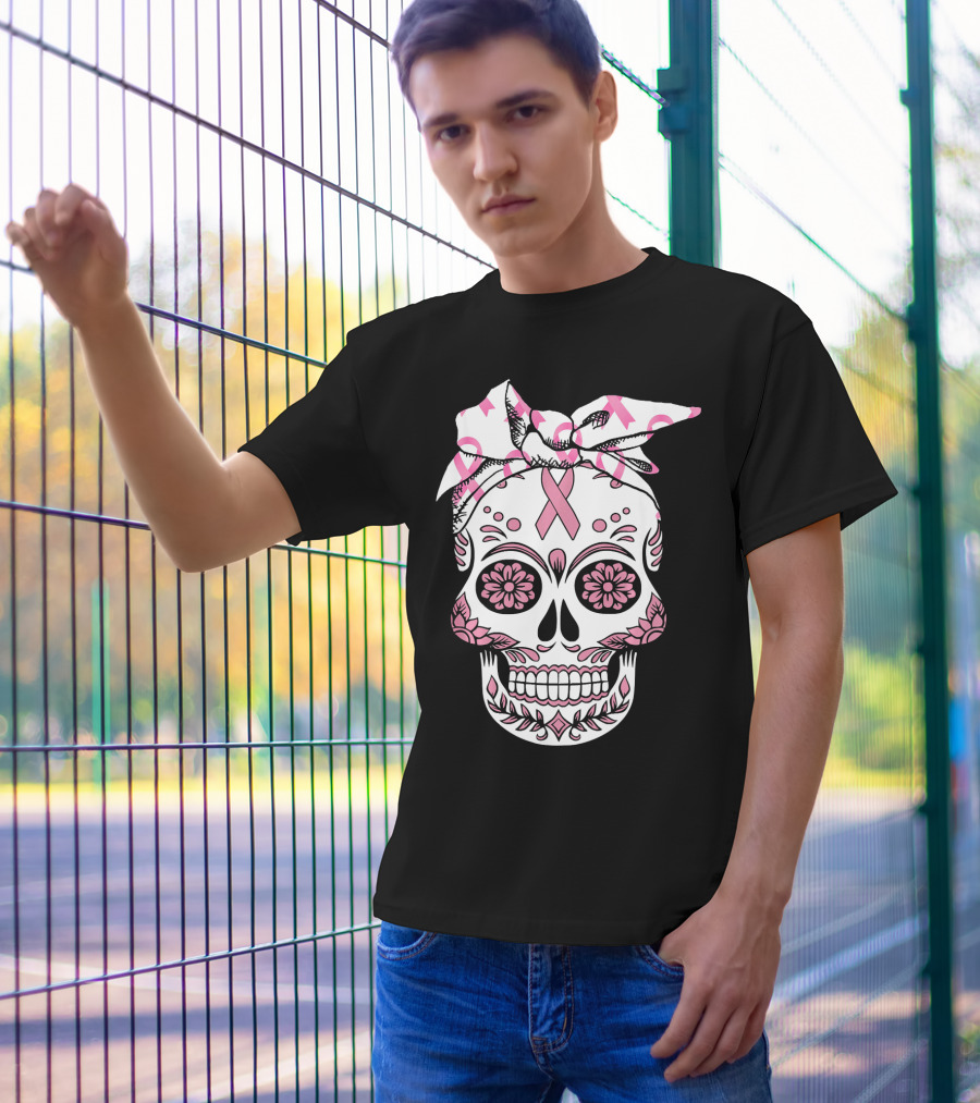 Day Of The Dead Skull With Pink Ribbon For Breast Cancer Awareness T-Shirt