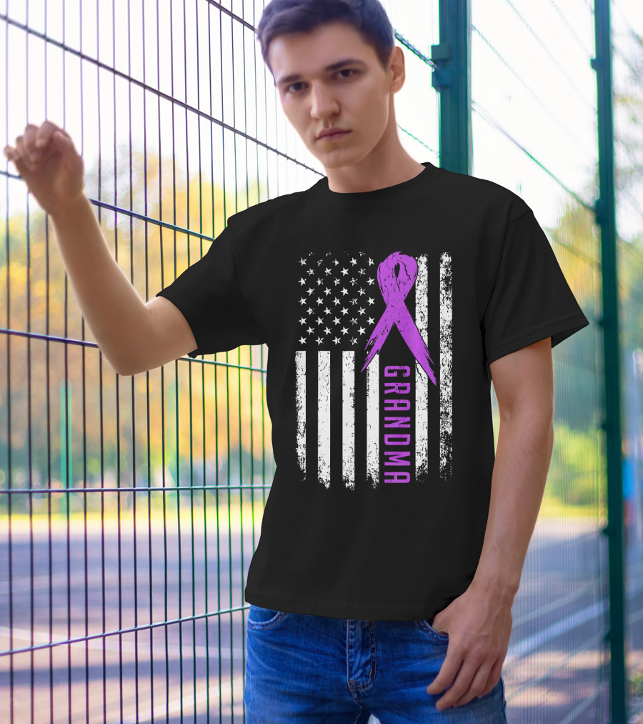 Grandma American Flag Purple Ribbon Pancreatic Cancer Awareness T-Shirt