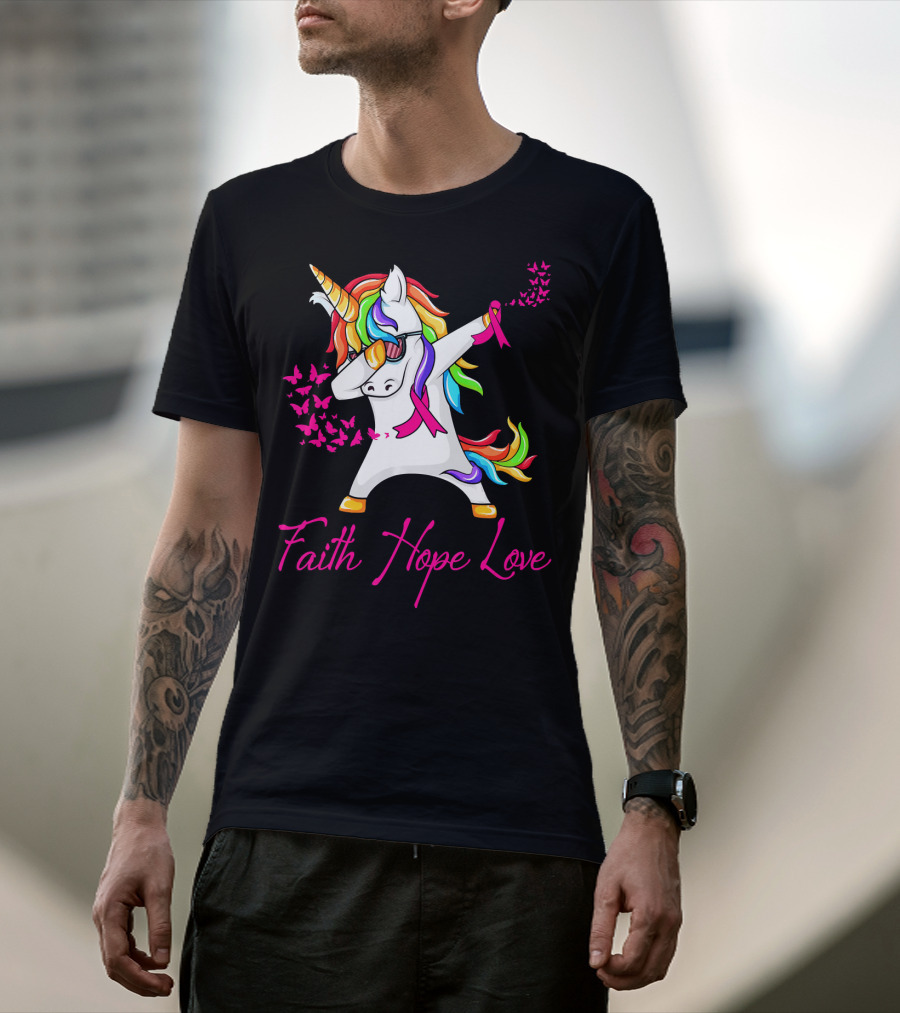 Faith Hope Love Pink Unicorn Breast Cancer Awareness T-Shirt