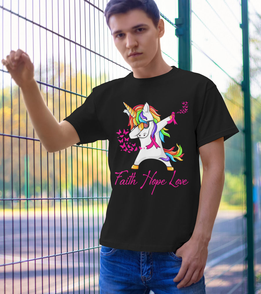 Faith Hope Love Pink Unicorn Breast Cancer Awareness T-Shirt