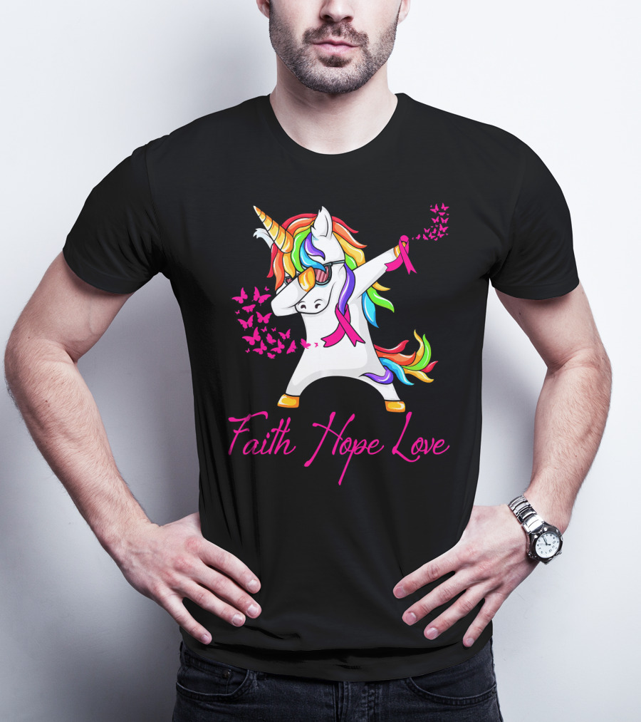Faith Hope Love Pink Unicorn Breast Cancer Awareness T-Shirt
