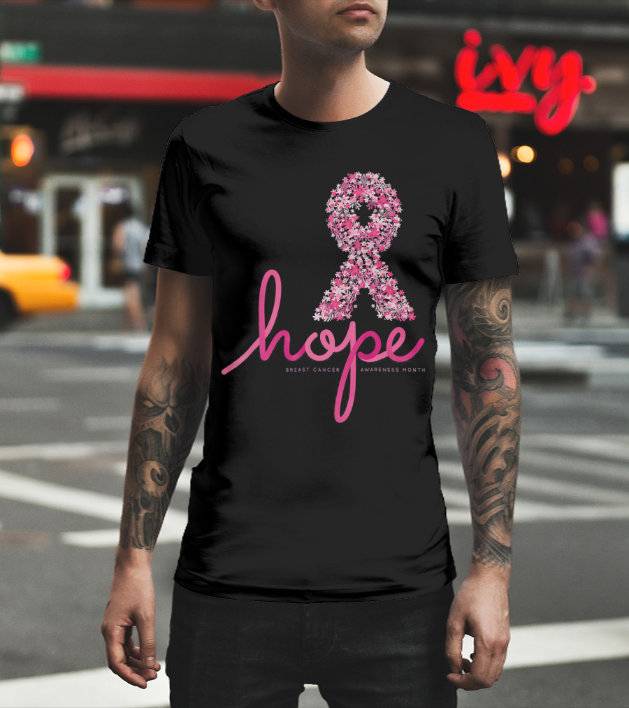 Hope Breast Cancer Awareness Month Pink Ribbon Floral T-Shirt