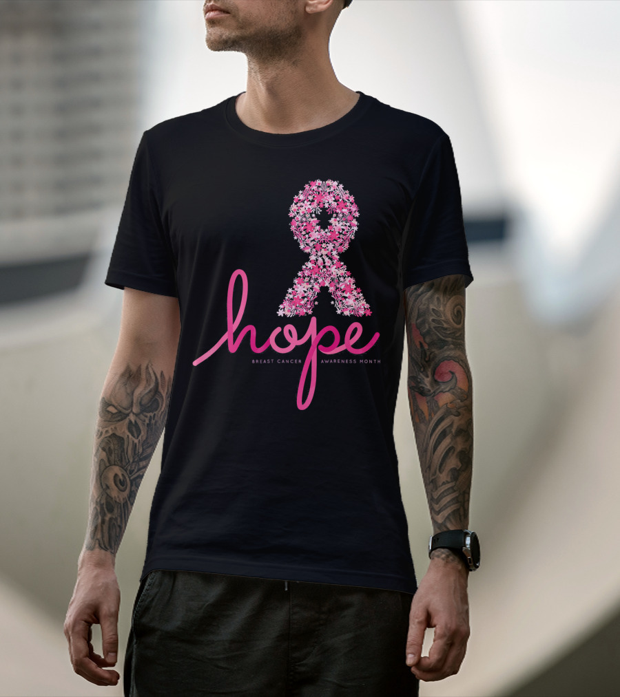 Hope Breast Cancer Awareness Month Pink Ribbon Floral T-Shirt