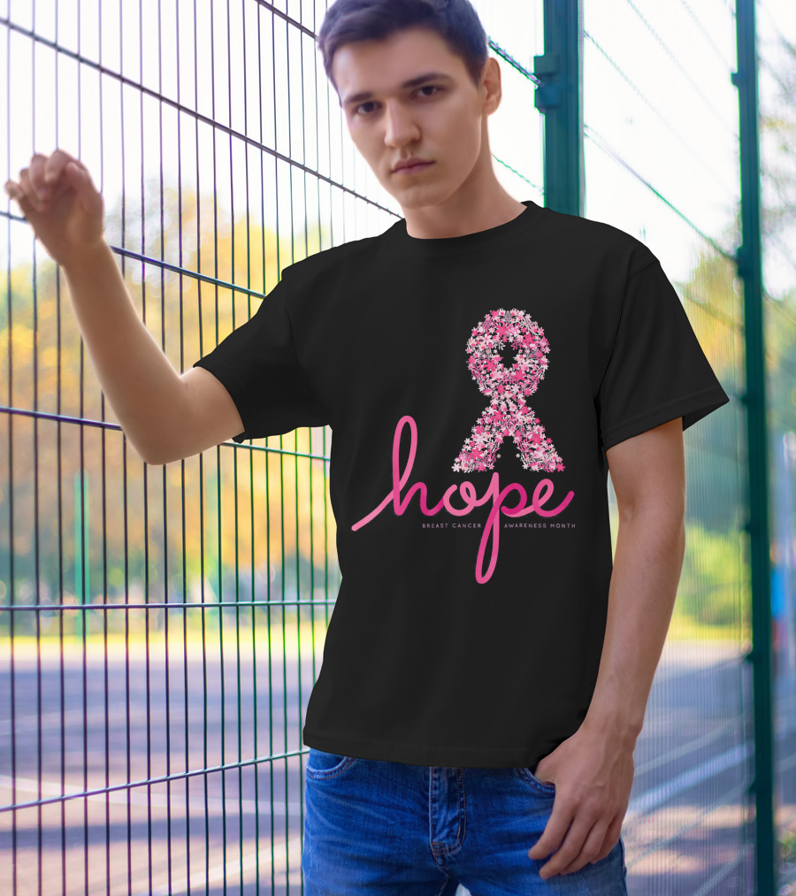 Hope Breast Cancer Awareness Month Pink Ribbon Floral T-Shirt