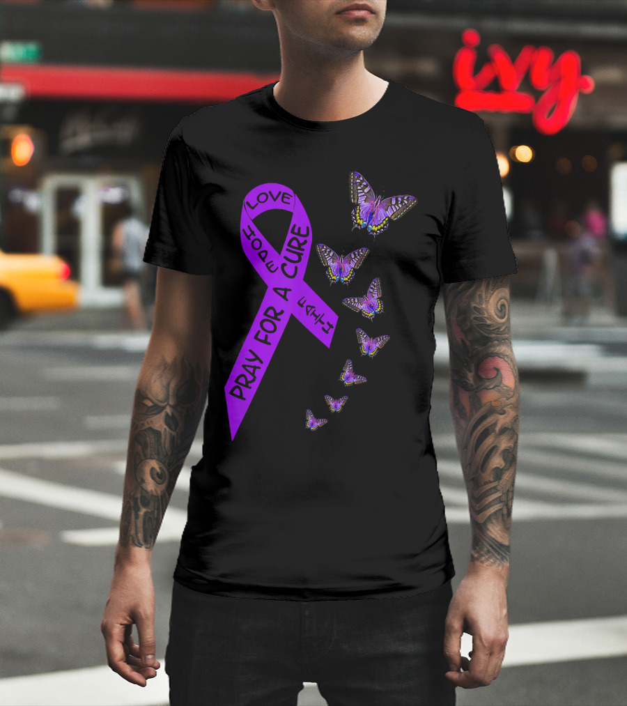 Pray For A Cure Love Hope Purple Ribbon Butterflies Pancreatic Cancer Awareness T-Shirt