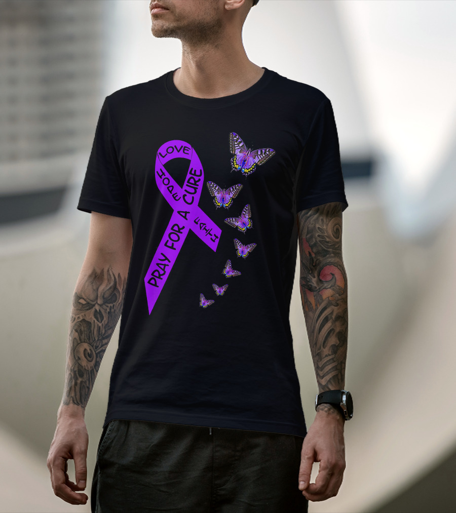 Pray For A Cure Love Hope Purple Ribbon Butterflies Pancreatic Cancer Awareness T-Shirt