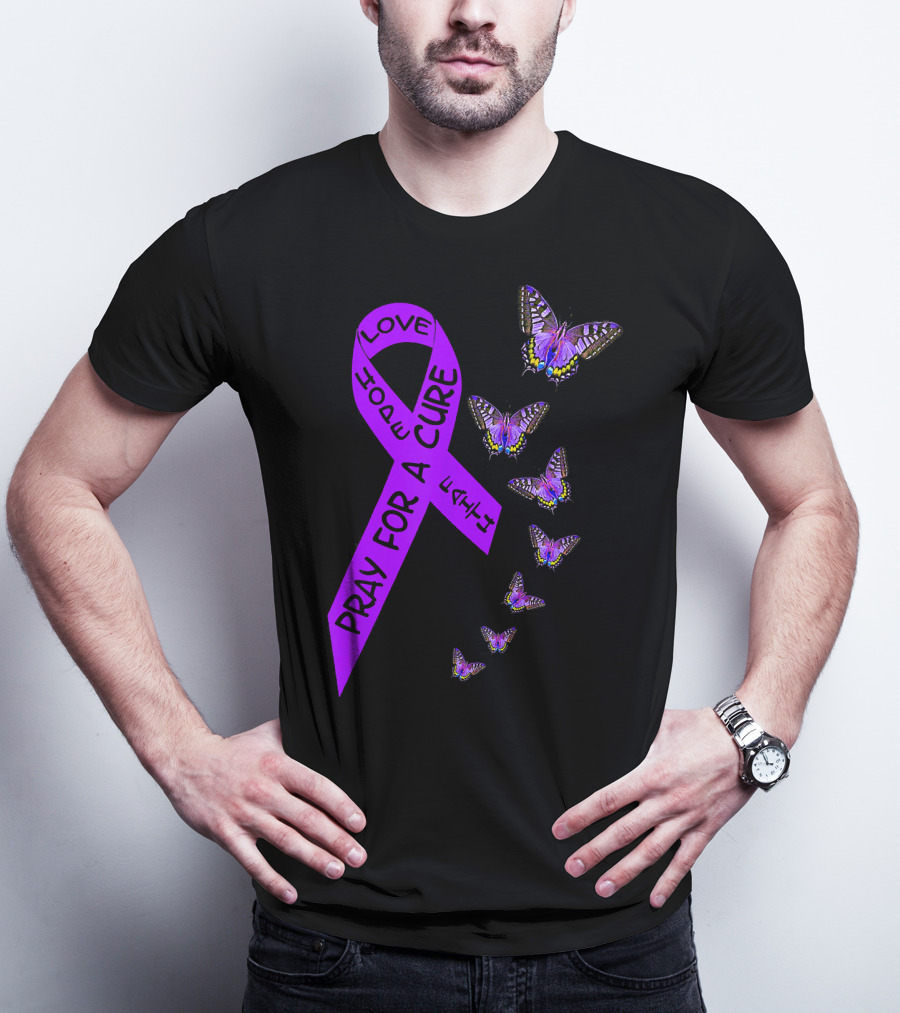 Pray For A Cure Love Hope Purple Ribbon Butterflies Pancreatic Cancer Awareness T-Shirt